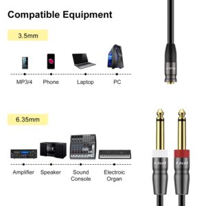 J&D 3.5mm TRS to Dual 1/4 in TS Cable, Heavy Duty 3.5 mm to 2 x 6.35 mm Cable 3.5 mm 1/8 female to 1/4 male Cord for Mixer Guitar Piano Amplifier Speaker, 6 Feet