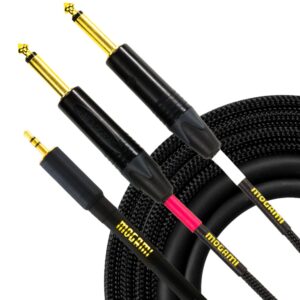 mogami gold 3.5-2ts-06 stereo audio y-adapter cable, 3.5mm trs plug to dual 1/4" ts plugs, gold contacts, straight connectors, 6 foot