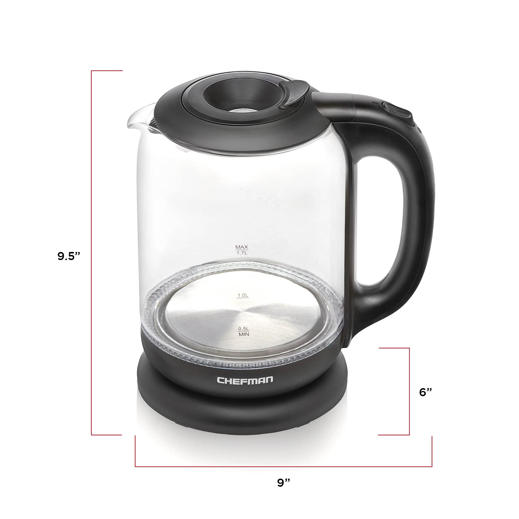 Chefman 1.7 Liter Electric Kettle With Easy Fill Lid, Cordless With Removable Lid And 360 Swivel Base, LED Indicator Lights