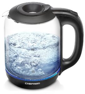 chefman 1.7 liter electric kettle with easy fill lid, cordless with removable lid and 360 swivel base, led indicator lights