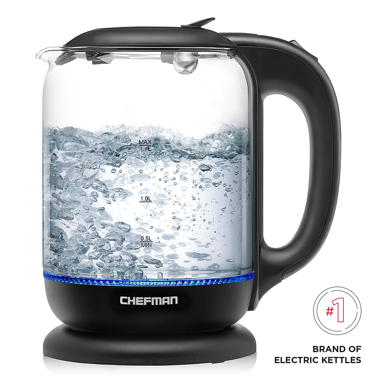 Chefman 1.7 Liter Electric Kettle With Easy Fill Lid, Cordless With Removable Lid And 360 Swivel Base, LED Indicator Lights