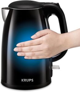 krups, electric kettle, cool touch stainless steel interior 1.5 liter 1500 watts fast boiling, one cup in 80 seconds, double wall, fast boiling, auto off, keep warm, cordless black