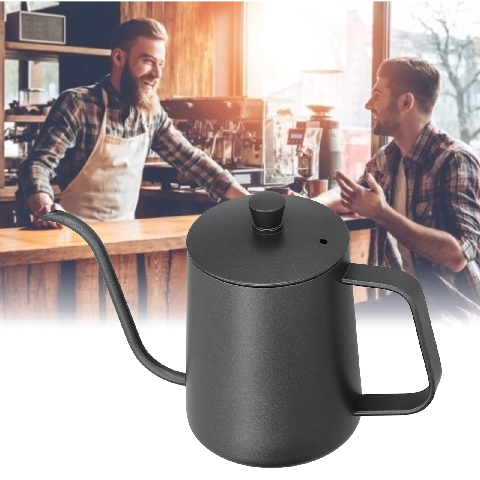 ELINP Goose Neck Electric Kettles, 600ml 304 Stainless Steel PTFE Coffee Kettle with Black Handle Narrow Mouth Coffee Pot for Home