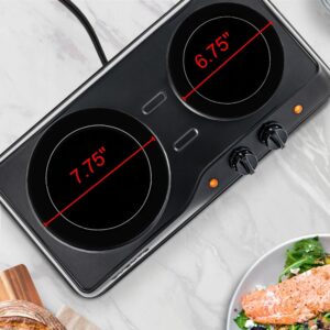 OVENTE Countertop Infrared Double Burner, 1700W Electric Hot Plate and Portable Stove with 7.75" and 6.75" Ceramic Glass Cooktop, 5 Level Temperature Setting and Easy to Clean Base, Black BGI102B