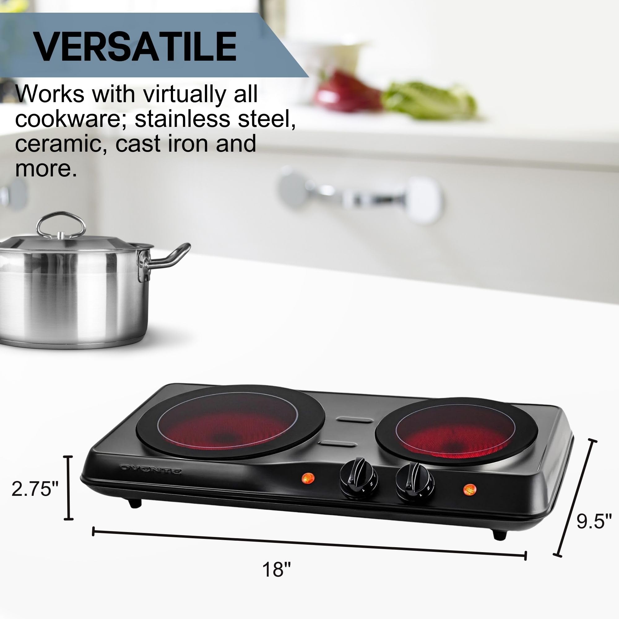 OVENTE Countertop Infrared Double Burner, 1700W Electric Hot Plate and Portable Stove with 7.75" and 6.75" Ceramic Glass Cooktop, 5 Level Temperature Setting and Easy to Clean Base, Black BGI102B