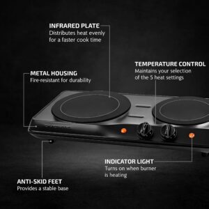 OVENTE Countertop Infrared Double Burner, 1700W Electric Hot Plate and Portable Stove with 7.75" and 6.75" Ceramic Glass Cooktop, 5 Level Temperature Setting and Easy to Clean Base, Black BGI102B