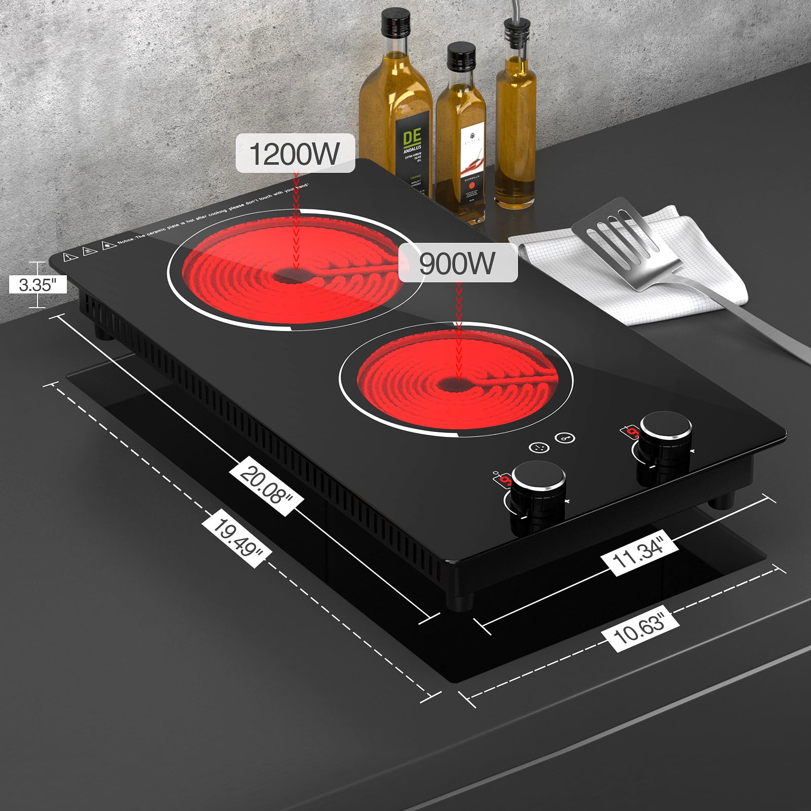 110v Electric Cooktop 2 Burners, 12'' Electric Stove Top with Plug in, GTKZW Knob Control Countertop & Built-in Ceramic Cooktop, 9 Power Levels, Child Lock, Timer, Over-Heat Protection