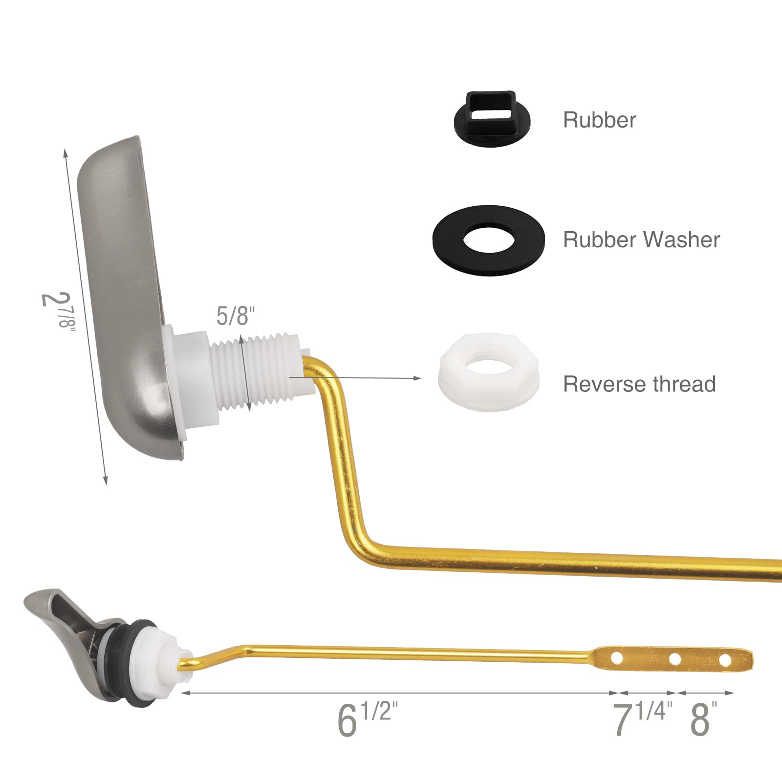 Universal Toilet Handle Replacement Kit, Brushed Nickel Toilet Flush Handle with Nut Lock and Stainless-Steel Flapper Chain, Side Mount Toilet Flush Lever Fits Most Standard Toilet Tanks, Easy Install