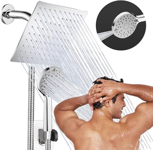 Bathroom Shower Kit, Fixed Shower Head and Handheld Shower, Round Replacement Overhead Rain Shower Head, Handheld Shower with Spray Mode, Universal, Water Saving (6in)