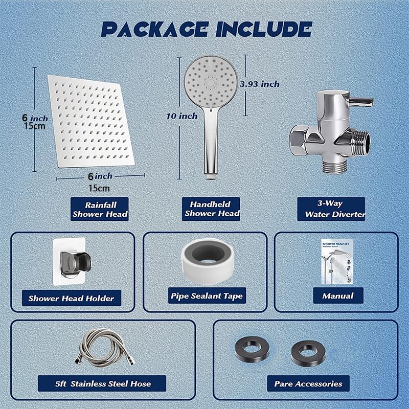 Bathroom Shower Kit, Fixed Shower Head and Handheld Shower, Round Replacement Overhead Rain Shower Head, Handheld Shower with Spray Mode, Universal, Water Saving (6in)