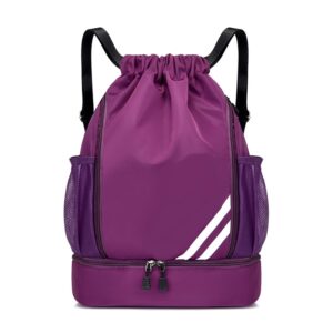 Drawstring Backpack Sports Gym Bag with Shoes Compartment, Waterproof Draw String Back Bag for Men Women (Purple)