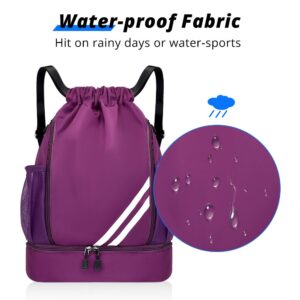 Drawstring Backpack Sports Gym Bag with Shoes Compartment, Waterproof Draw String Back Bag for Men Women (Purple)