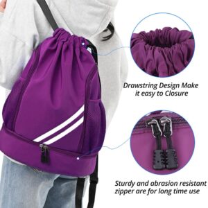 Drawstring Backpack Sports Gym Bag with Shoes Compartment, Waterproof Draw String Back Bag for Men Women (Purple)