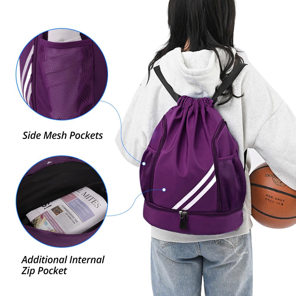 Drawstring Backpack Sports Gym Bag with Shoes Compartment, Waterproof Draw String Back Bag for Men Women (Purple)