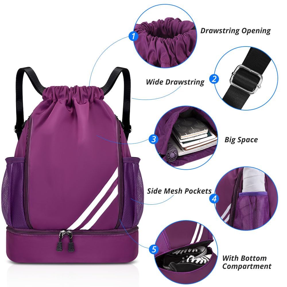 Drawstring Backpack Sports Gym Bag with Shoes Compartment, Waterproof Draw String Back Bag for Men Women (Purple)