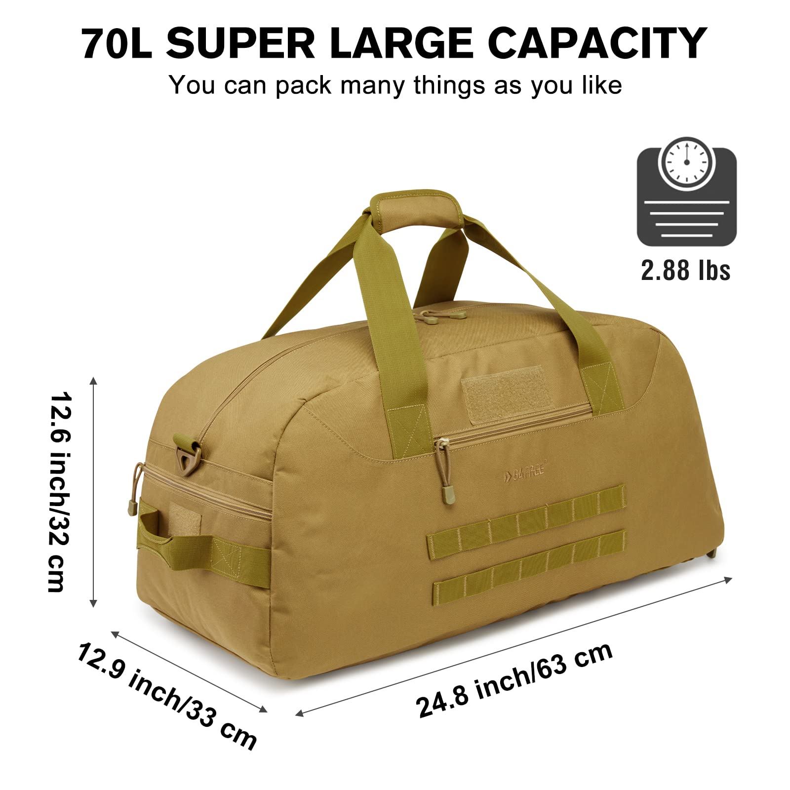 G4Free 70L Large Tactical Duffle Bag Men Sports Gym Backpack with Shoes Compartment Military MOLLE Duffel Backpack (Brown)