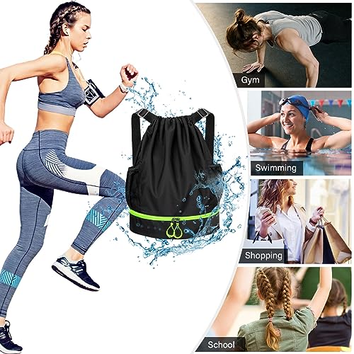 Ryaco Drawstring Backpack Sports Gym Bag, Water Resistant String Sackpack Large Size with Zipper and Water Bottle Mesh Pockets for Gym Shopping Sport Yoga School Swimming Beach (Black & Neon Green)