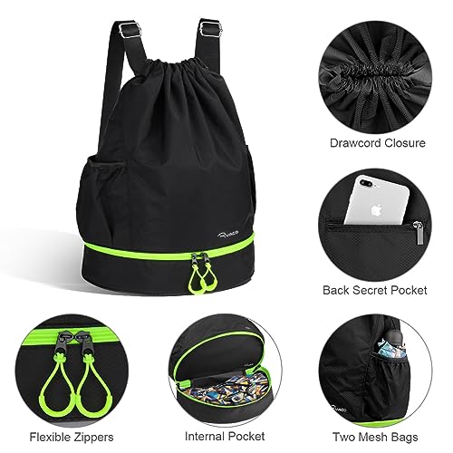 Ryaco Drawstring Backpack Sports Gym Bag, Water Resistant String Sackpack Large Size with Zipper and Water Bottle Mesh Pockets for Gym Shopping Sport Yoga School Swimming Beach (Black & Neon Green)