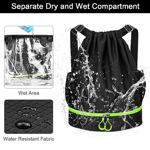 Ryaco Drawstring Backpack Sports Gym Bag, Water Resistant String Sackpack Large Size with Zipper and Water Bottle Mesh Pockets for Gym Shopping Sport Yoga School Swimming Beach (Black & Neon Green)