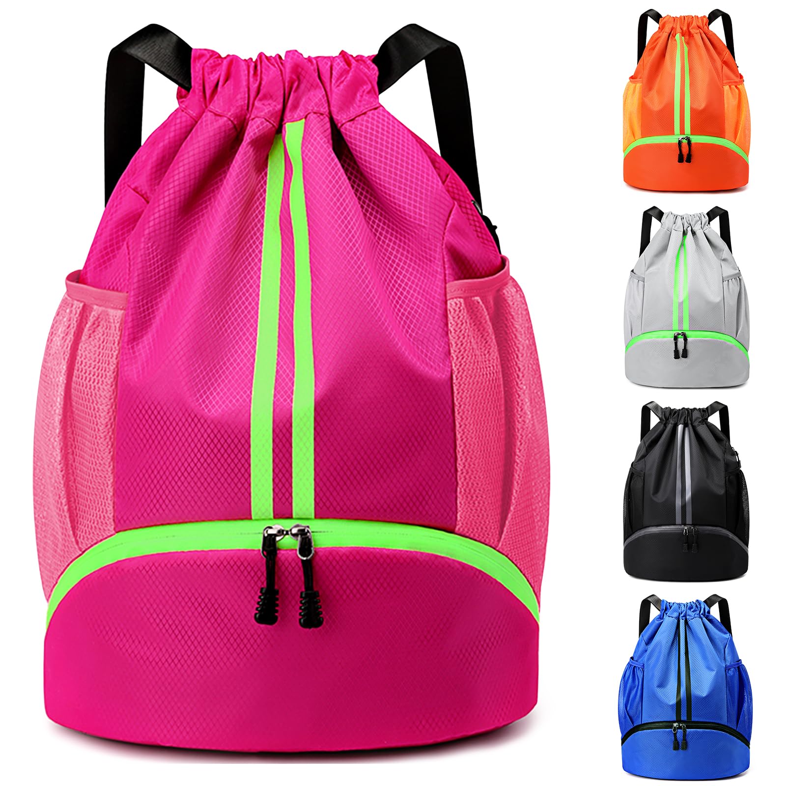 SOPIME Drawstring Backpack Gym Bag for Women, String Bags Sports Cinch Sackpack with Shoe Compartment and Waterproof Wet Pocket Large Gym Sack for Fitness Swim Basketball Soccer Beach (Pink)