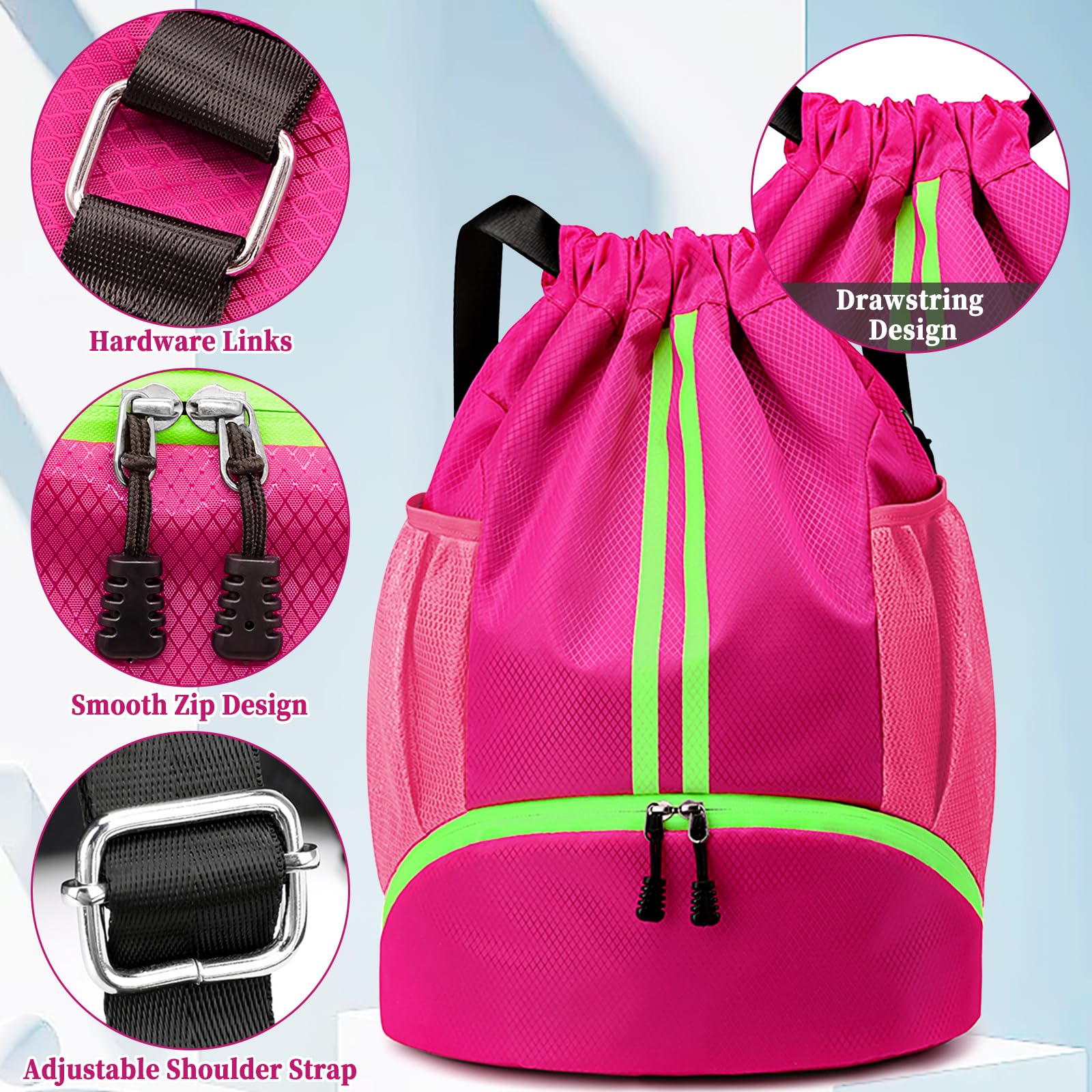 SOPIME Drawstring Backpack Gym Bag for Women, String Bags Sports Cinch Sackpack with Shoe Compartment and Waterproof Wet Pocket Large Gym Sack for Fitness Swim Basketball Soccer Beach (Pink)