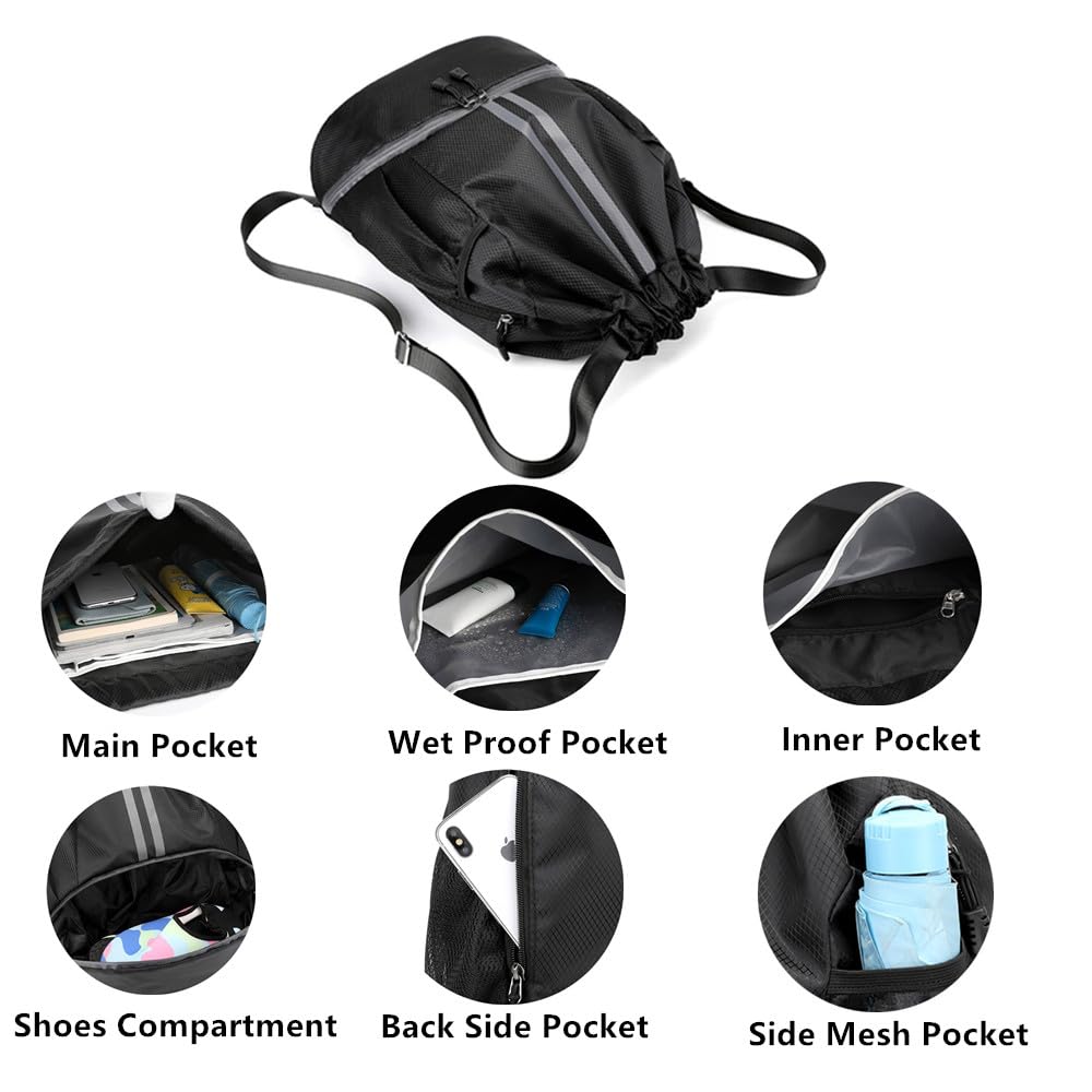 Allzbst Sports Drawstring Backpack - Water Resistant Lightweight String Gym Bag with Shoes Compartment and Wet Proof Pocket for Women Men