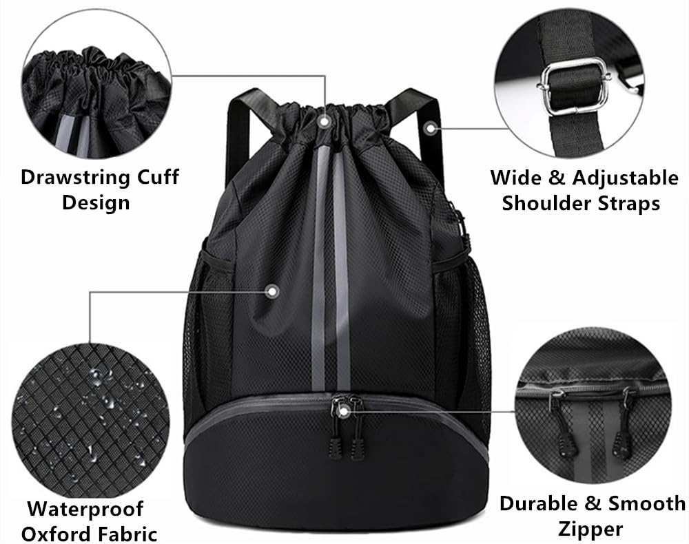 Allzbst Sports Drawstring Backpack - Water Resistant Lightweight String Gym Bag with Shoes Compartment and Wet Proof Pocket for Women Men