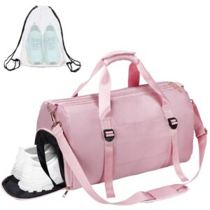 sports gym bag with wet pocket & shoes compartment, travel duffel bag for men and women lightweight (pink) large