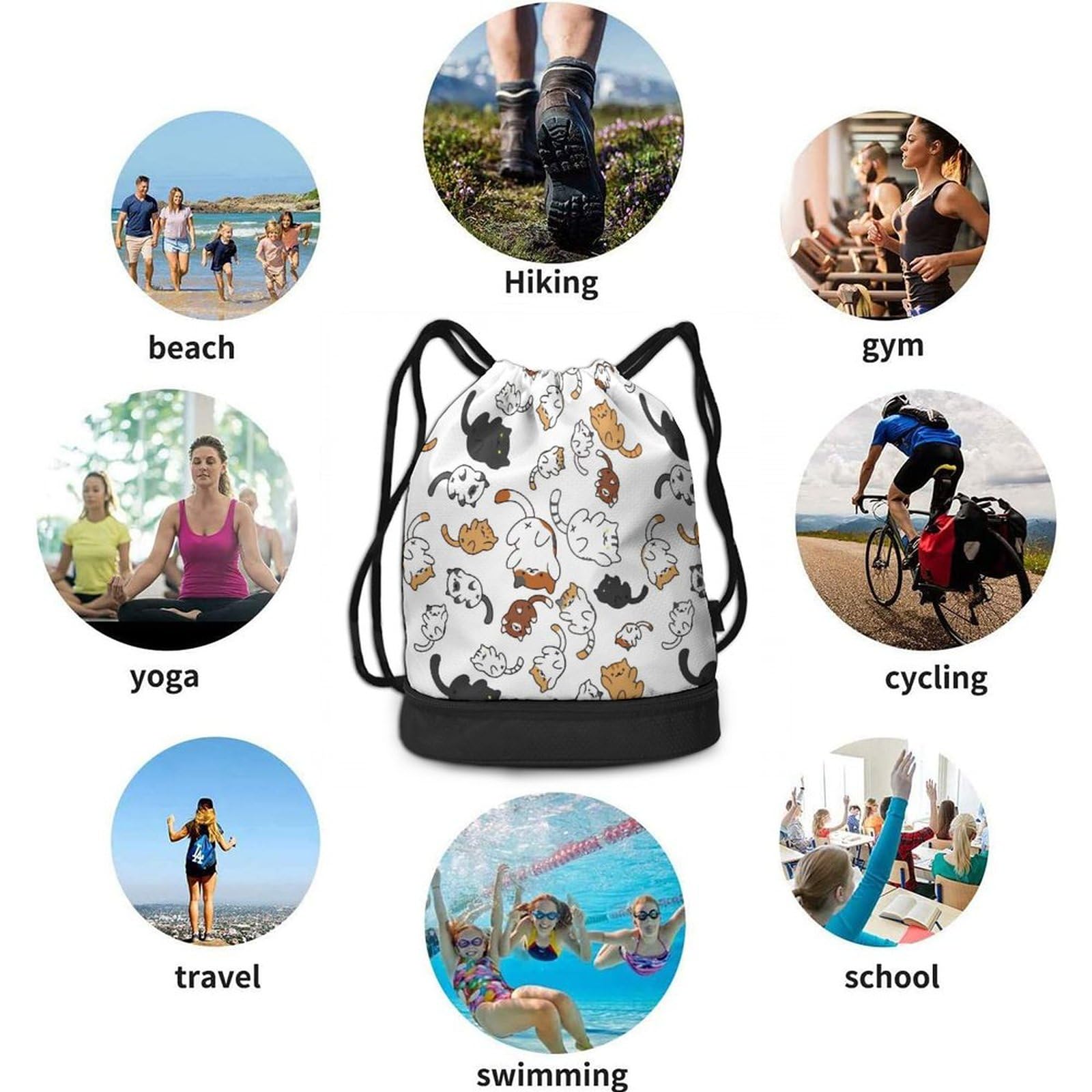 RIMENCH Cute Cats Drawstring Bag Waterproof Outdoor Hiking Gym Backpack Multifunction Daypack Gift