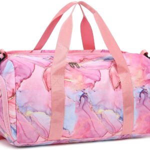 Weekender Duffel Sport Gym Bag Women Girls Travel duffle Bags with Shoe Compartment Wet Pocket (Marble Pink)