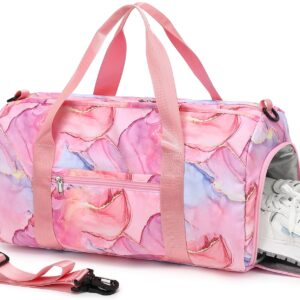 Weekender Duffel Sport Gym Bag Women Girls Travel duffle Bags with Shoe Compartment Wet Pocket (Marble Pink)