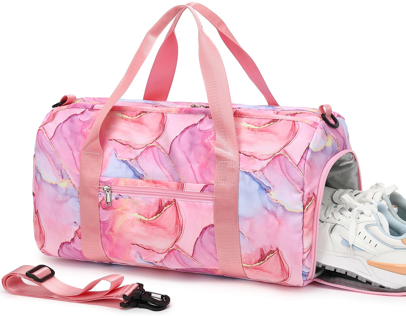 Weekender Duffel Sport Gym Bag Women Girls Travel duffle Bags with Shoe Compartment Wet Pocket (Marble Pink)