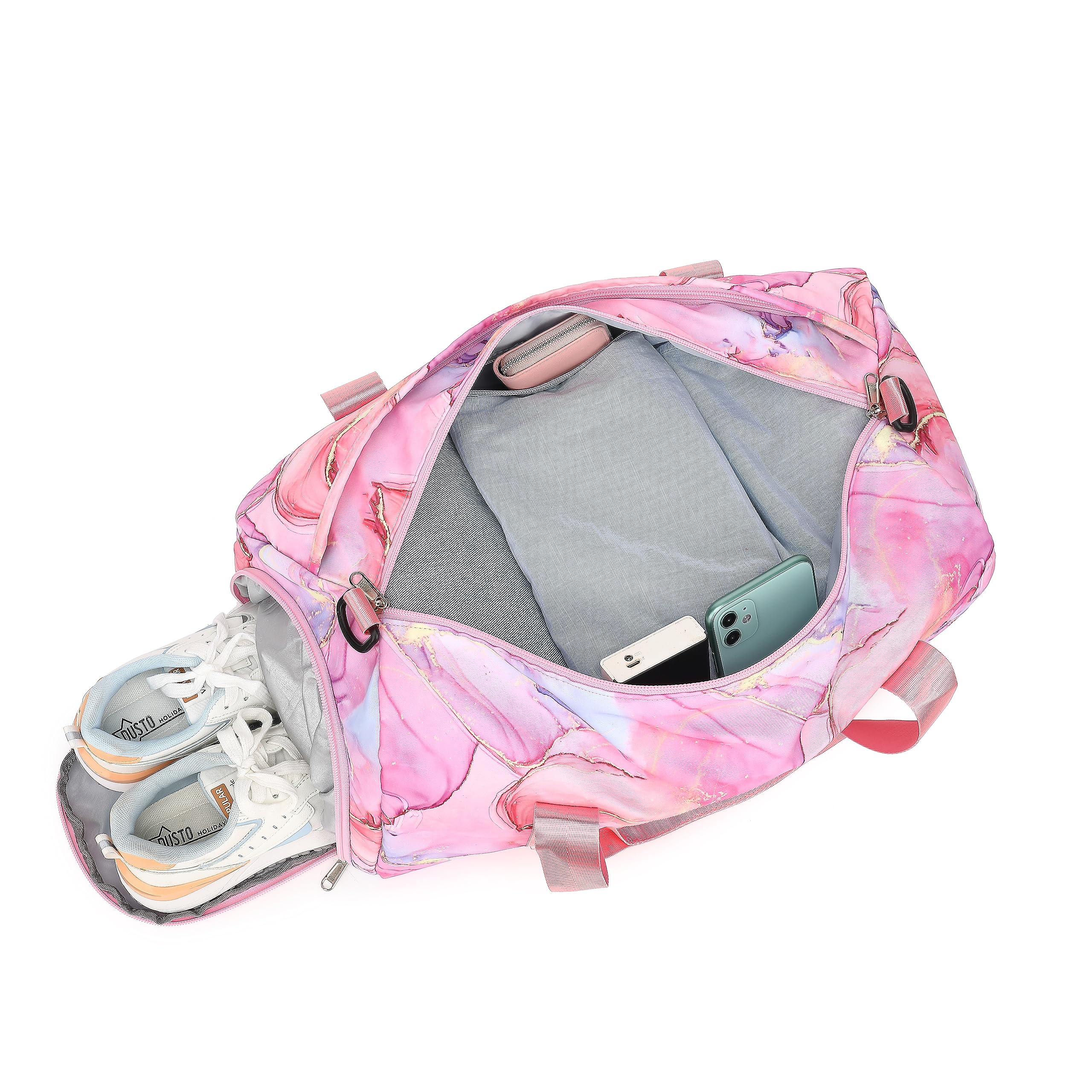 Weekender Duffel Sport Gym Bag Women Girls Travel duffle Bags with Shoe Compartment Wet Pocket (Marble Pink)