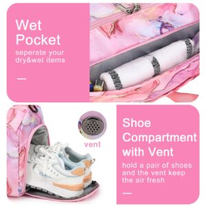 Weekender Duffel Sport Gym Bag Women Girls Travel duffle Bags with Shoe Compartment Wet Pocket (Marble Pink)