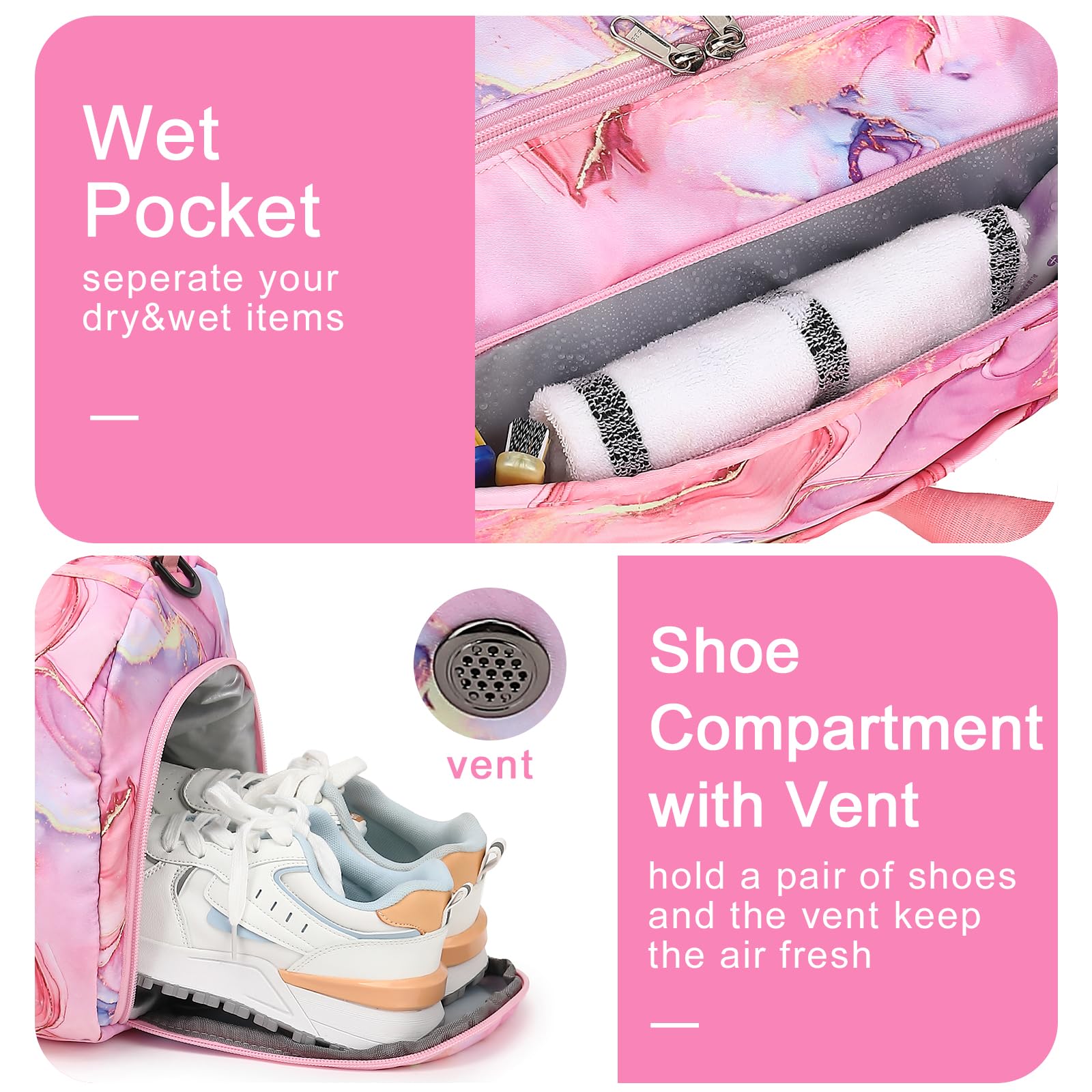 Weekender Duffel Sport Gym Bag Women Girls Travel duffle Bags with Shoe Compartment Wet Pocket (Marble Pink)