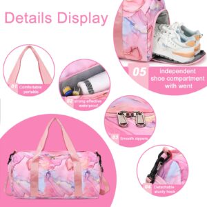 Weekender Duffel Sport Gym Bag Women Girls Travel duffle Bags with Shoe Compartment Wet Pocket (Marble Pink)