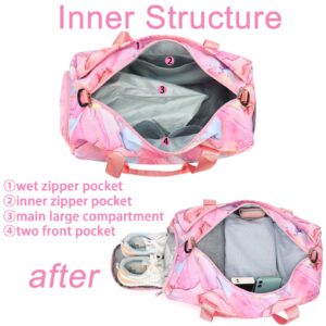 Weekender Duffel Sport Gym Bag Women Girls Travel duffle Bags with Shoe Compartment Wet Pocket (Marble Pink)