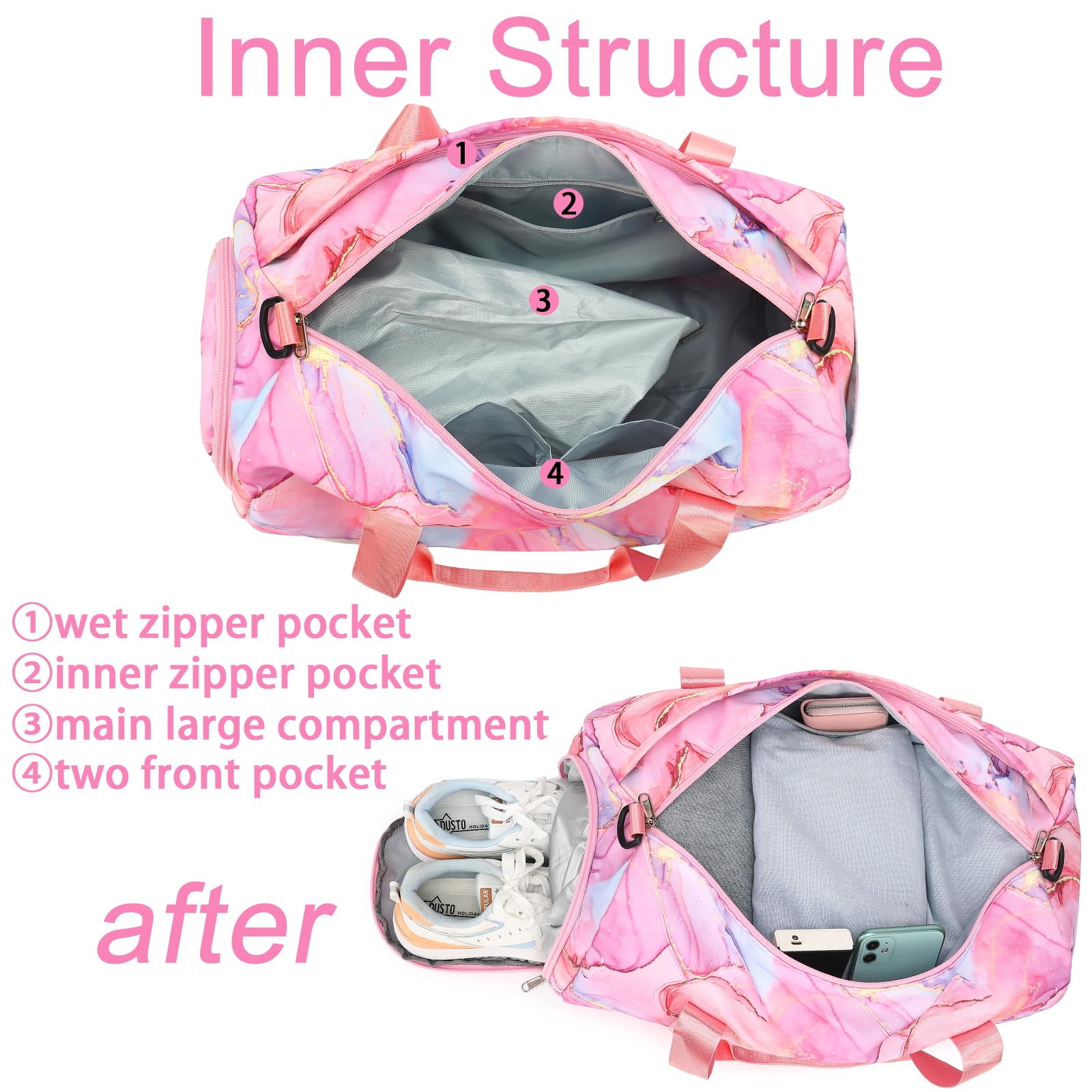 Weekender Duffel Sport Gym Bag Women Girls Travel duffle Bags with Shoe Compartment Wet Pocket (Marble Pink)