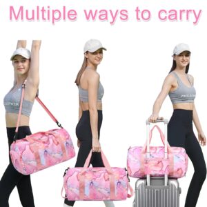 Weekender Duffel Sport Gym Bag Women Girls Travel duffle Bags with Shoe Compartment Wet Pocket (Marble Pink)