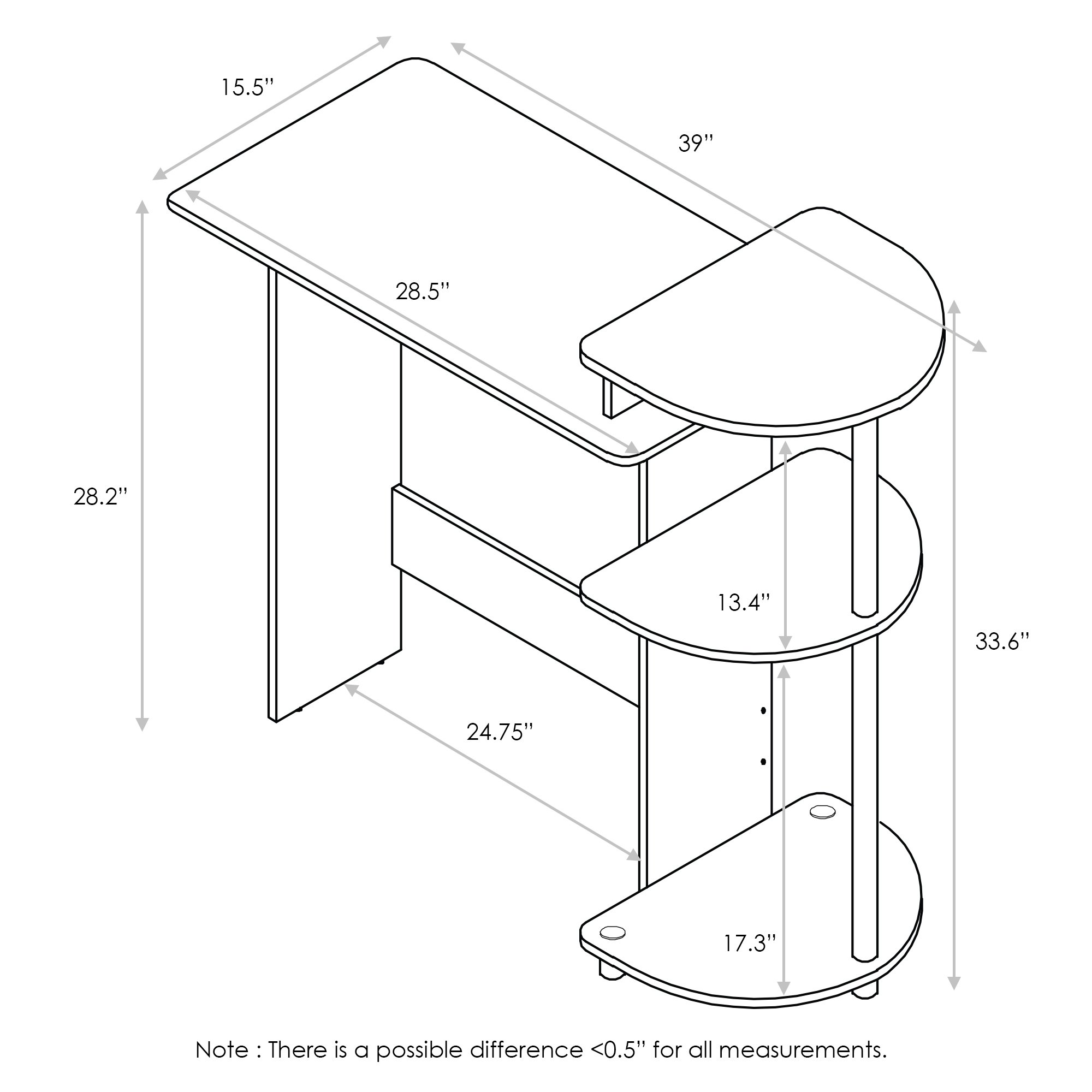 Furinno Compact Computer Desk with Shelves, Round Side, Dark Walnut