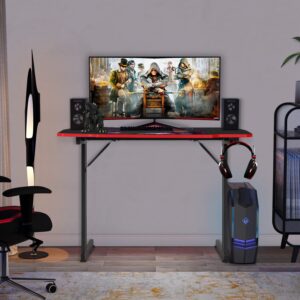 BestOffice 39" Gmaing Desk Computer Gaming Desk Z Shaped Gaming Workstation Ergonomic Gaming Table with Headphone Hook for Game Players (Red)