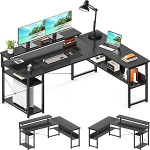 odk corner computer desk, 61" reversible l shaped desk with storage shelves & monitor stand, home office desk, gaming desk, writing desk, black