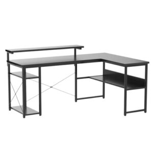 ODK Corner Computer Desk, 61" Reversible L Shaped Desk with Storage Shelves & Monitor Stand, Home Office Desk, Gaming Desk, Writing Desk, Black