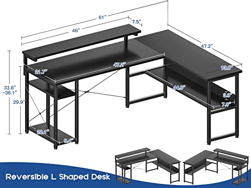 ODK Corner Computer Desk, 61" Reversible L Shaped Desk with Storage Shelves & Monitor Stand, Home Office Desk, Gaming Desk, Writing Desk, Black