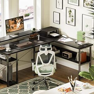 ODK Corner Computer Desk, 61" Reversible L Shaped Desk with Storage Shelves & Monitor Stand, Home Office Desk, Gaming Desk, Writing Desk, Black