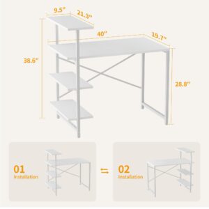 CubiCubi Small Computer Desk with Shelves, 40 Inch Reversible Home Office Desk with 3 Tier Storage Bookshelf, Study Writing Office Table, Pure White