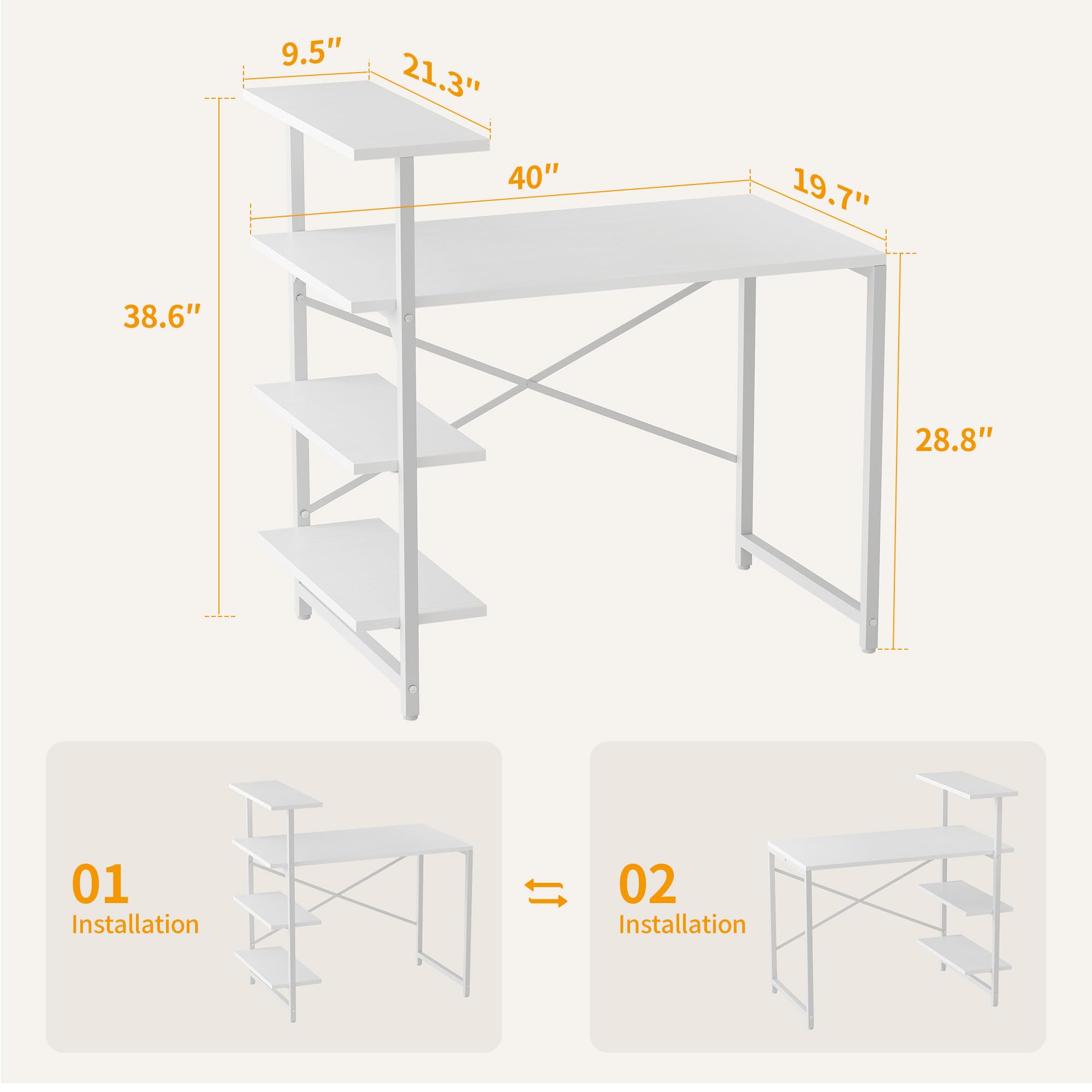 CubiCubi Small Computer Desk with Shelves, 40 Inch Reversible Home Office Desk with 3 Tier Storage Bookshelf, Study Writing Office Table, Pure White