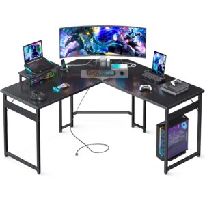 odk l shaped gaming desk with power outlets, 51 inch computer desk with monitor stand, pc gaming desk, corner desk table for home office sturdy writing workstation, carbon fiber surface, black