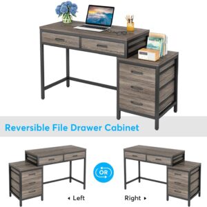 Tribesigns Computer Desk with 5 Drawers, Home Office Desks with Reversible Drawer Cabinet Printer Stand, Industrial PC Desk with Storage, Grey Study Writing Table Workstation for Small Spaces