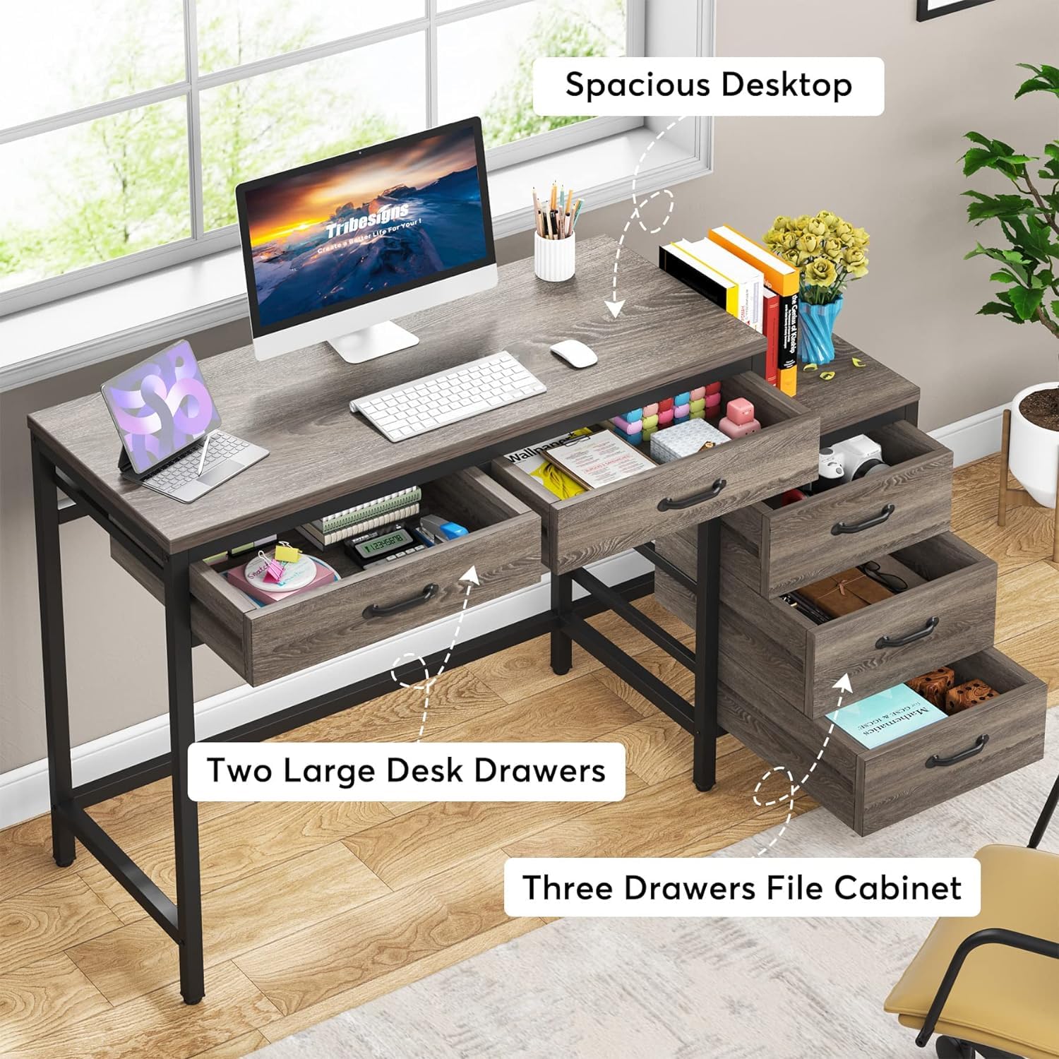 Tribesigns Computer Desk with 5 Drawers, Home Office Desks with Reversible Drawer Cabinet Printer Stand, Industrial PC Desk with Storage, Grey Study Writing Table Workstation for Small Spaces